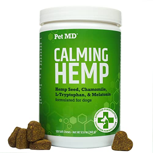 Pet MD Calming Chews for Dogs - Dog Calming Treats with Hemp & Melatonin - Calming, Anxiety Relief, & Separation Relaxant with Chamomile & L-Tryptophan - 120 CT