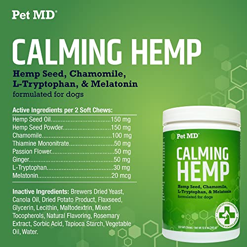 Pet MD Calming Chews for Dogs - Dog Calming Treats with Hemp & Melatonin - Calming, Anxiety Relief, & Separation Relaxant with Chamomile & L-Tryptophan - 120 CT