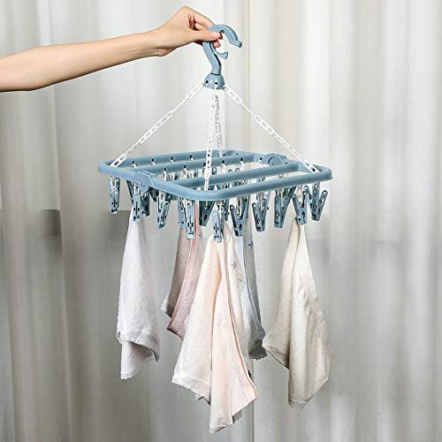 alladaga Clothes Drying Hanger with 32 Clips and Drip Foldable Hanging Rack (Light Blue)