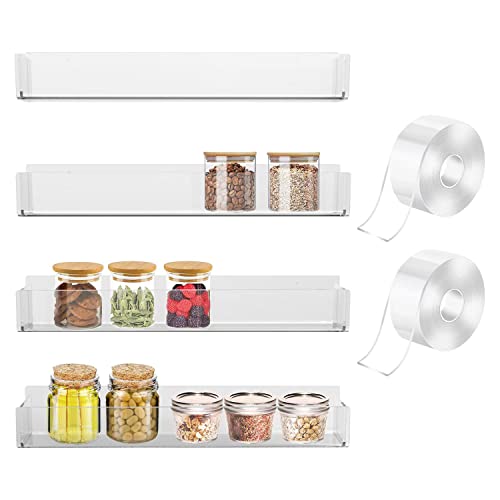 VAEHOLD Adhesive Acrylic Spice Rack with 2 Nano Double Sided Tape Wall Mount Organizer for Bathroom Clear Wall Spice Rack With Shelf Ends for Kitchen Cabinet Door - 4 Pack