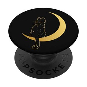 cat sitting on the crescent moon on black popsockets popgrip: swappable grip for phones & tablets