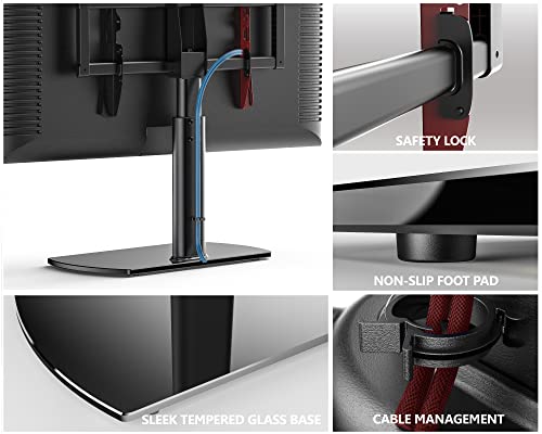 FITUEYES Universal TV Stand, Swivel TV Table Stand for 32-65 70 75 Inch Flat Screen, Table Top TV Stand Base Replacement, Height Adjustable TV Mount Stand with Glass Base, Max Holds 88lbs