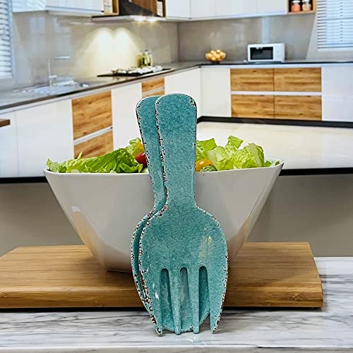 UPware 2-Piece 10.75 Inch Melamine Salad Server Serving Utensil Set Includes Salad Spoon and Salad Fork (Crackle, Turquoise)