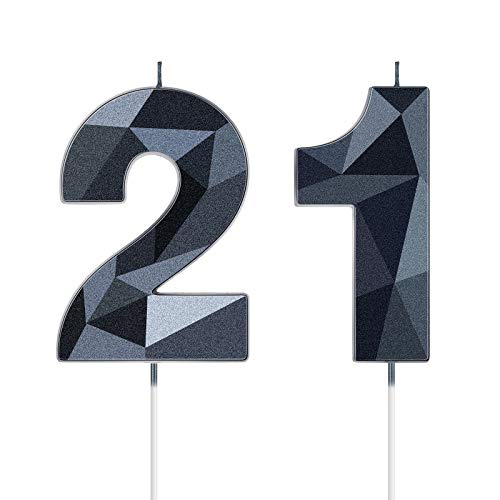 21st Number Birthday Candles 3D Diamond Shape Numeral Candles Happy Birthday 21 Candles Cake Topper for Birthday Wedding Decoration Theme Party Anniversary, 2 Inch (Black)