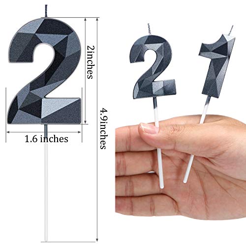 21st Number Birthday Candles 3D Diamond Shape Numeral Candles Happy Birthday 21 Candles Cake Topper for Birthday Wedding Decoration Theme Party Anniversary, 2 Inch (Black)