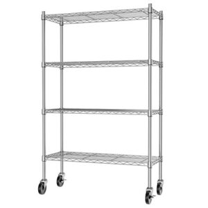 auslar 4-shelf storage shelves with casters heavy duty 4 tiers rolling cart utility racks adjustable wire metal shelving, chrome