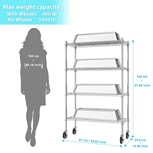 Auslar 4-Shelf Storage Shelves with Casters Heavy Duty 4 Tiers Rolling Cart Utility Racks Adjustable Wire Metal Shelving, Chrome