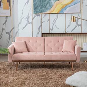 Pannow Velvet Futon Convertible Sofa Bed, Modern Tufted Sleeper Sofa Couch with 2 Pillows & 5 Golden Metal Legs, Adjustable Folding Accent Loveseat Sofa Couch for Living Room