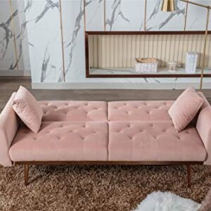 Pannow Velvet Futon Convertible Sofa Bed, Modern Tufted Sleeper Sofa Couch with 2 Pillows & 5 Golden Metal Legs, Adjustable Folding Accent Loveseat Sofa Couch for Living Room