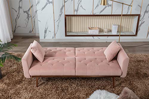 Pannow Velvet Futon Convertible Sofa Bed, Modern Tufted Sleeper Sofa Couch with 2 Pillows & 5 Golden Metal Legs, Adjustable Folding Accent Loveseat Sofa Couch for Living Room