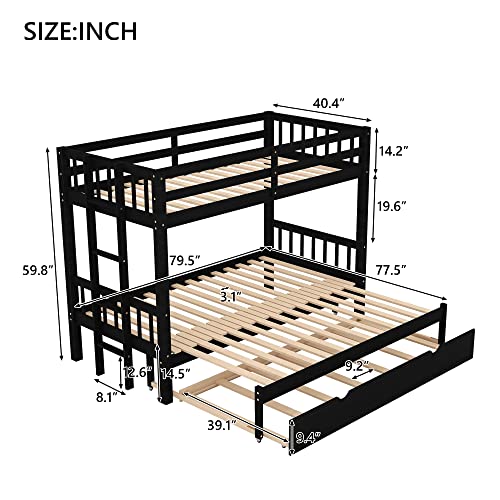 CJLMN Twin Over Twin/King Bunk Beds with Trundle, Wooden Twin Over Twin/Full/Queen/King Bunk Bed, Accommodate 4 People Extendable Bunk Beds with Ladder and Safety Rail for Kids and Teens