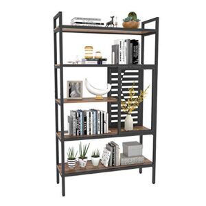 weehom 5-tier adjustable industrial bookshelf, modern wood bookcase with stable metal frame, open storage shelves standing shelving unit for living room bedroom kitchen office