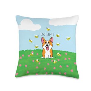 three crazy corgis corgi bee happy throw pillow, 16x16, multicolor