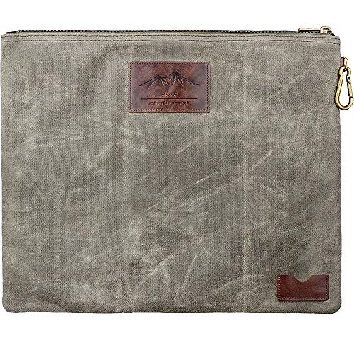 XL Water Resistant Zipper Document Holder, Fits Manila Folder, Rustic Extra Large Waxed Canvas Pouch Full Grain Leather, Inner Pockets, Carabiner, Hold Books, A4 Handouts, Travel Accessories. Olive.