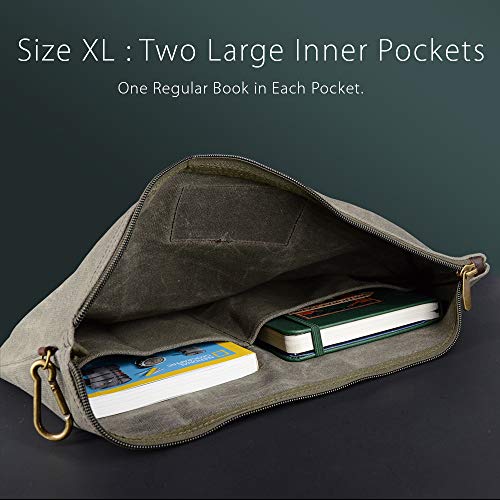 XL Water Resistant Zipper Document Holder, Fits Manila Folder, Rustic Extra Large Waxed Canvas Pouch Full Grain Leather, Inner Pockets, Carabiner, Hold Books, A4 Handouts, Travel Accessories. Olive.