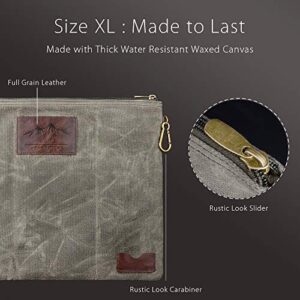 XL Water Resistant Zipper Document Holder, Fits Manila Folder, Rustic Extra Large Waxed Canvas Pouch Full Grain Leather, Inner Pockets, Carabiner, Hold Books, A4 Handouts, Travel Accessories. Olive.