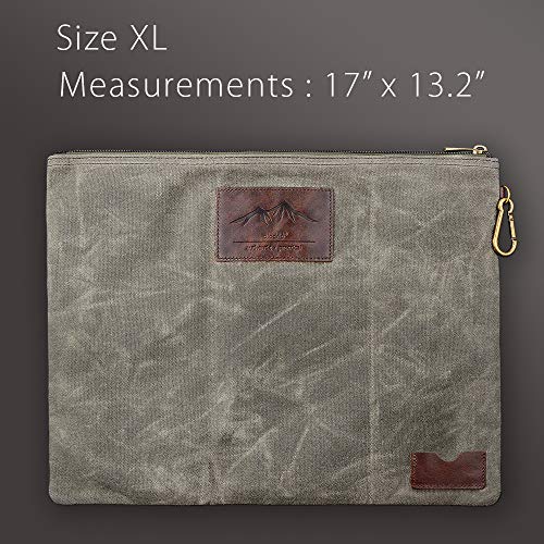 XL Water Resistant Zipper Document Holder, Fits Manila Folder, Rustic Extra Large Waxed Canvas Pouch Full Grain Leather, Inner Pockets, Carabiner, Hold Books, A4 Handouts, Travel Accessories. Olive.