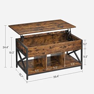 VASAGLE Lift Top Coffee Table for Living Room, Industrial Coffee Table with Hidden Compartments and Storage Shelf, Steel Frame, Rustic Brown and Black