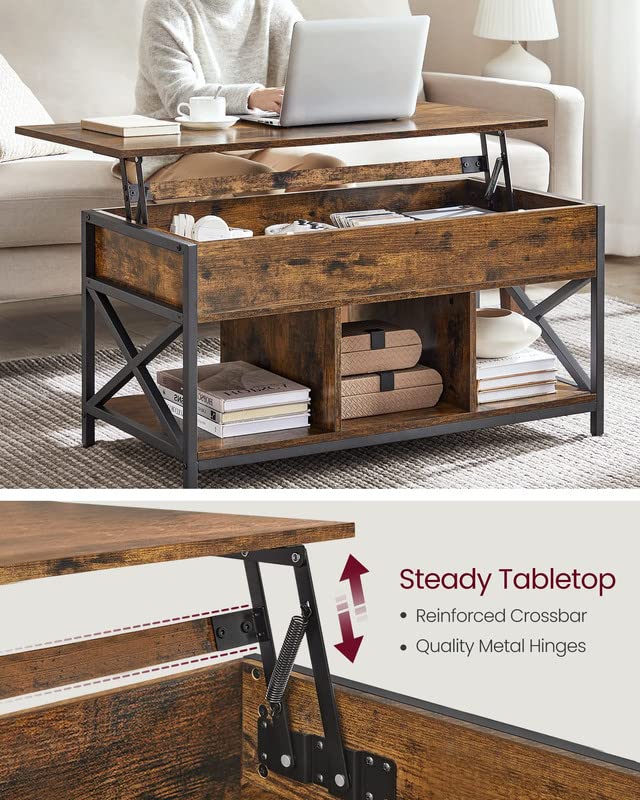 VASAGLE Lift Top Coffee Table for Living Room, Industrial Coffee Table with Hidden Compartments and Storage Shelf, Steel Frame, Rustic Brown and Black