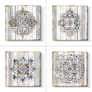 kas home mandala pattern room decor boho canvas wall art prints framed pictures 4 pieces artwork for living room bedroom bathroom kitchen office home decoration (14 x 14 x 4, black)