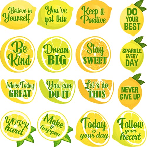 64 Pieces Lemon Cutouts School Bulletin Board Lemon Motivational Positive Sayings Cut-Outs Teacher Rewarded Paper Fruit Decorative Cutouts with Glue Point for Summer Lemonade Classroom Party