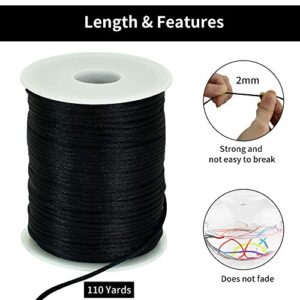 TONIFUL 2mm x 110 Yards Black Nylon Cord Satin String for Bracelet Jewelry Making Rattail Macrame Waxed Trim Cord Necklace Bulk Beading Thread Kumihimo Chinese Knot Craft