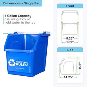 Recycling Rules! 6 Gallon Stackable Recycling Bin Container in Blue, Eco-Friendly BPA-Free Handy Recycler with Handle, 2-Pack