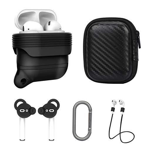 WWW Protective Case Designed for Apple AirPods 2 & 1 , 5 in 1 Accessories Set Silicone Cover for AirPods 2 and 1 Charging Case with AirPods Covers/Anti-Lost Lanyards/Keychain/Carrying Box Black