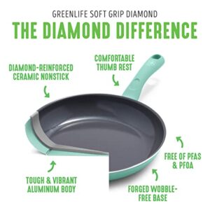 GreenLife Soft Grip Diamond Healthy Ceramic Nonstick, 8" Frying Pan Skillet, PFAS-Free, Dishwasher Safe, Turquoise