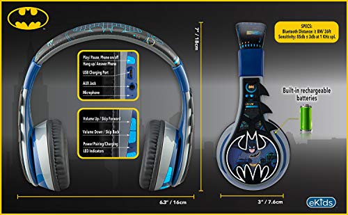 eKids Batman Bluetooth Headphones for Kids, Wireless Headphones with Microphone for Video Call or Zoom Meeting, for Fans of Batman Merchandise and Gifts