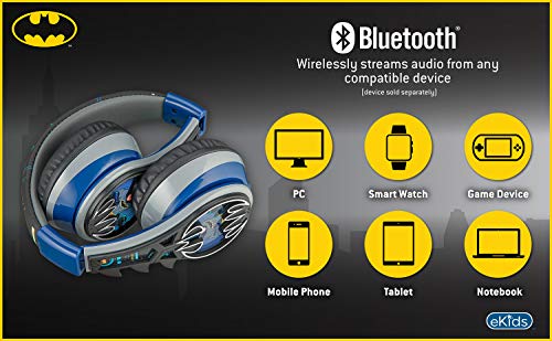 eKids Batman Bluetooth Headphones for Kids, Wireless Headphones with Microphone for Video Call or Zoom Meeting, for Fans of Batman Merchandise and Gifts