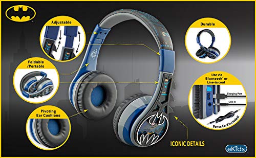 eKids Batman Bluetooth Headphones for Kids, Wireless Headphones with Microphone for Video Call or Zoom Meeting, for Fans of Batman Merchandise and Gifts