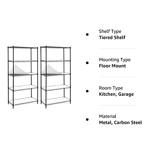 EFINE 2-Pack 5-Shelf Shelving Unit, Adjustable, Heavy Duty Carbon Steel Wire Shelves, 150lbs Loading Capacity Per Shelf, Units and Storage for Kitchen Garage (30W x 14D 60H) Black, S200-5X2