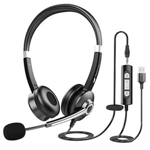 usb computer headset with microphone for laptop pc,3.5mm wired stereo call center headset with microphone noise cancelling, corded desktop headphones with mic & mute for office/telework/home/kids/zoom