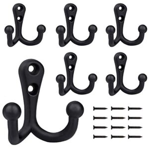 biglufu coat hooks 6 pack heavy duty coats hook vintage double prong wall mounted with 12 screws retro double robe hooks utility hooks for coat, scarf, bag, towel, key, cap, cup, hat (black) (6 pack)