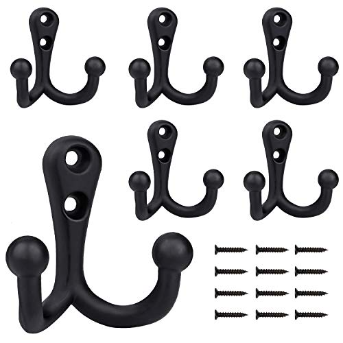 BIGLUFU Coat Hooks 6 Pack Heavy Duty Coats Hook Vintage Double Prong Wall Mounted with 12 Screws Retro Double Robe Hooks Utility Hooks for Coat, Scarf, Bag, Towel, Key, Cap, Cup, Hat (Black) (6 Pack)