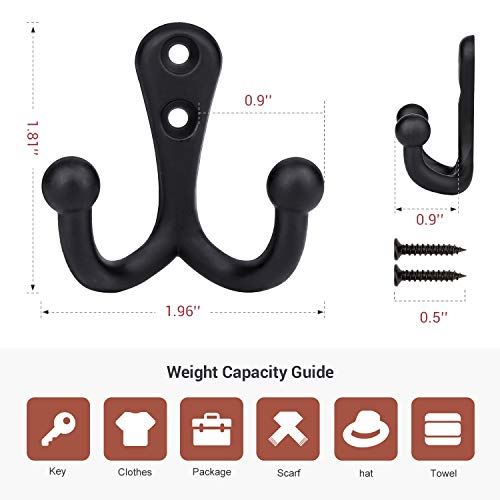 BIGLUFU Coat Hooks 6 Pack Heavy Duty Coats Hook Vintage Double Prong Wall Mounted with 12 Screws Retro Double Robe Hooks Utility Hooks for Coat, Scarf, Bag, Towel, Key, Cap, Cup, Hat (Black) (6 Pack)