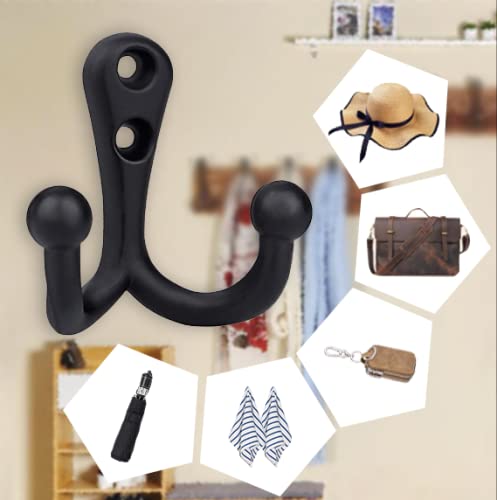 BIGLUFU Coat Hooks 6 Pack Heavy Duty Coats Hook Vintage Double Prong Wall Mounted with 12 Screws Retro Double Robe Hooks Utility Hooks for Coat, Scarf, Bag, Towel, Key, Cap, Cup, Hat (Black) (6 Pack)