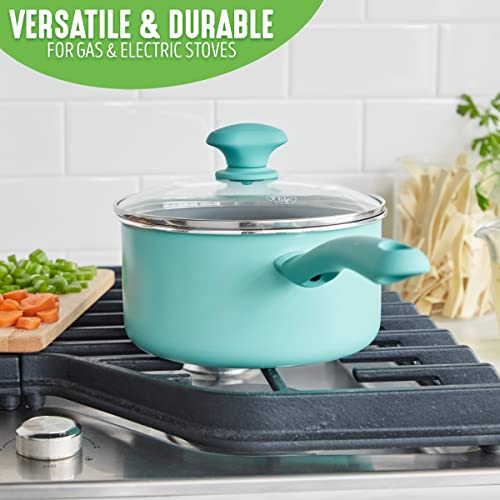 GreenLife Soft Grip Diamond Healthy Ceramic Nonstick, 2QT Saucepan Pot with Lid, PFAS-Free, Dishwasher Safe, Turquoise