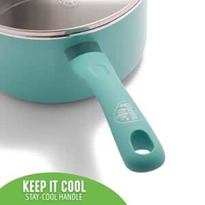 GreenLife Soft Grip Diamond Healthy Ceramic Nonstick, 2QT Saucepan Pot with Lid, PFAS-Free, Dishwasher Safe, Turquoise