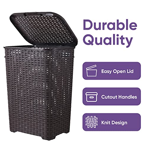 Superio Laundry Hamper Basket With Easy Open Lid 60 Liter Large Wicker Hamper, Dirty Cloths Storage With Two Cutout Handles, Laundry Room Bin (2 Pack, Brown)