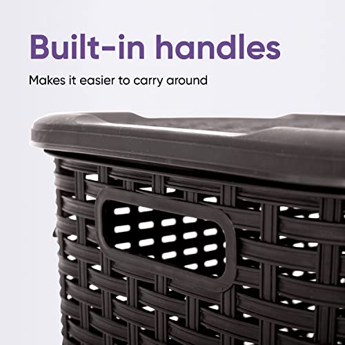 Superio Laundry Hamper Basket With Easy Open Lid 60 Liter Large Wicker Hamper, Dirty Cloths Storage With Two Cutout Handles, Laundry Room Bin (2 Pack, Brown)