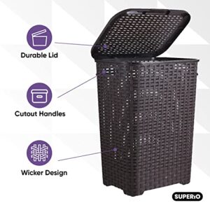 Superio Laundry Hamper Basket With Easy Open Lid 60 Liter Large Wicker Hamper, Dirty Cloths Storage With Two Cutout Handles, Laundry Room Bin (2 Pack, Brown)