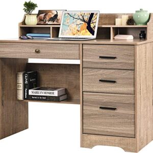 Catrimown Computer Desk with Drawers and Hutch, Executive Desk Home Office Desk Writing Table Wood Student Desk with File Drawer for Bedroom, Small Computer Desk with Drawer for Small Place, Grey