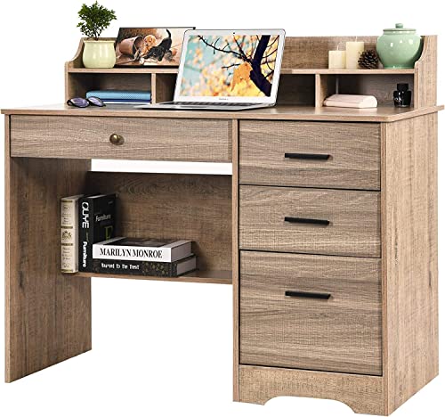 Catrimown Computer Desk with Drawers and Hutch, Executive Desk Home Office Desk Writing Table Wood Student Desk with File Drawer for Bedroom, Small Computer Desk with Drawer for Small Place, Grey