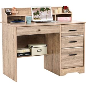 Catrimown Computer Desk with Drawers and Hutch, Executive Desk Home Office Desk Writing Table Wood Student Desk with File Drawer for Bedroom, Small Computer Desk with Drawer for Small Place, Grey