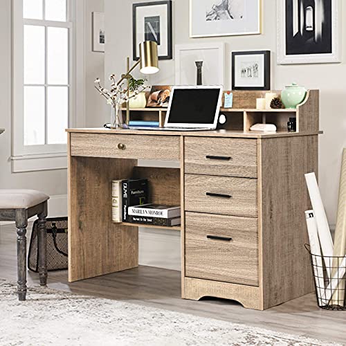 Catrimown Computer Desk with Drawers and Hutch, Executive Desk Home Office Desk Writing Table Wood Student Desk with File Drawer for Bedroom, Small Computer Desk with Drawer for Small Place, Grey