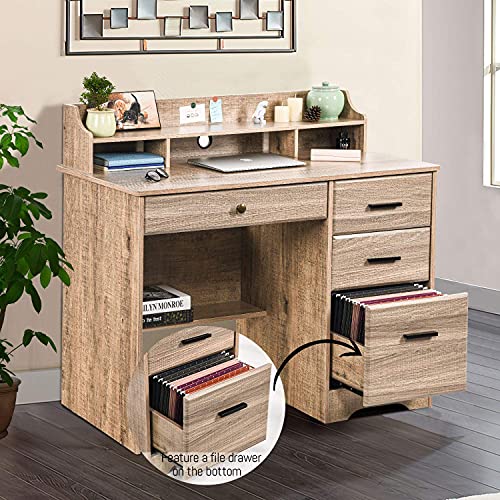 Catrimown Computer Desk with Drawers and Hutch, Executive Desk Home Office Desk Writing Table Wood Student Desk with File Drawer for Bedroom, Small Computer Desk with Drawer for Small Place, Grey