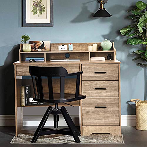 Catrimown Computer Desk with Drawers and Hutch, Executive Desk Home Office Desk Writing Table Wood Student Desk with File Drawer for Bedroom, Small Computer Desk with Drawer for Small Place, Grey