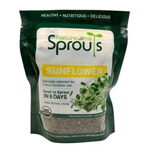 nature jims sprouts sunflower seeds - certified organic black oil sunflower sprouts for soups - raw bird food seeds - non-gmo, chemicals-free - easy to plant, fast sprouting sun flower seeds - 8 oz